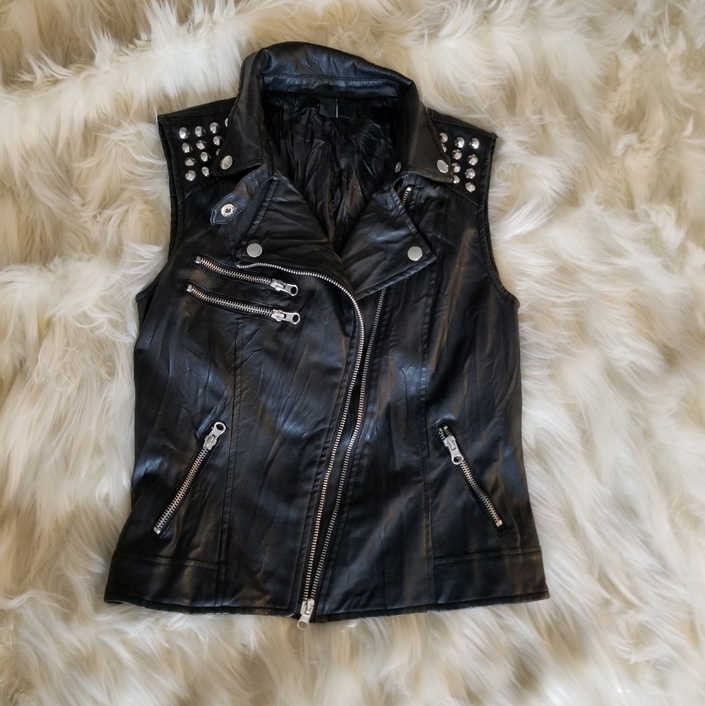 New - Studded Vegan Leather Rocker Vest - Gem
